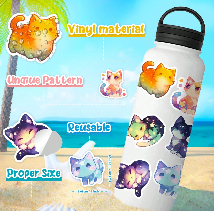 50pcs Cute Cat Stickers Waterproof Vinyl for Bottles Laptops ...