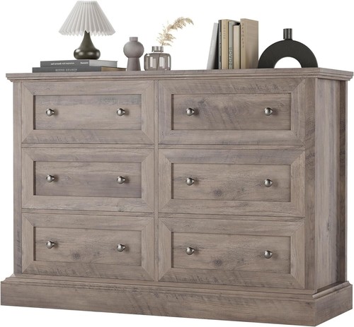 6 Drawer Double Wood Dresser Chest with Deep Drawers & Mental Double ...