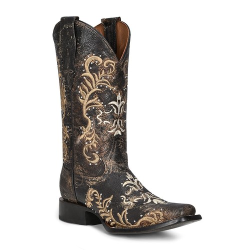 Circle G By Corral Ladies Studs & Embroidery Black & Bone Boots L2051 ...