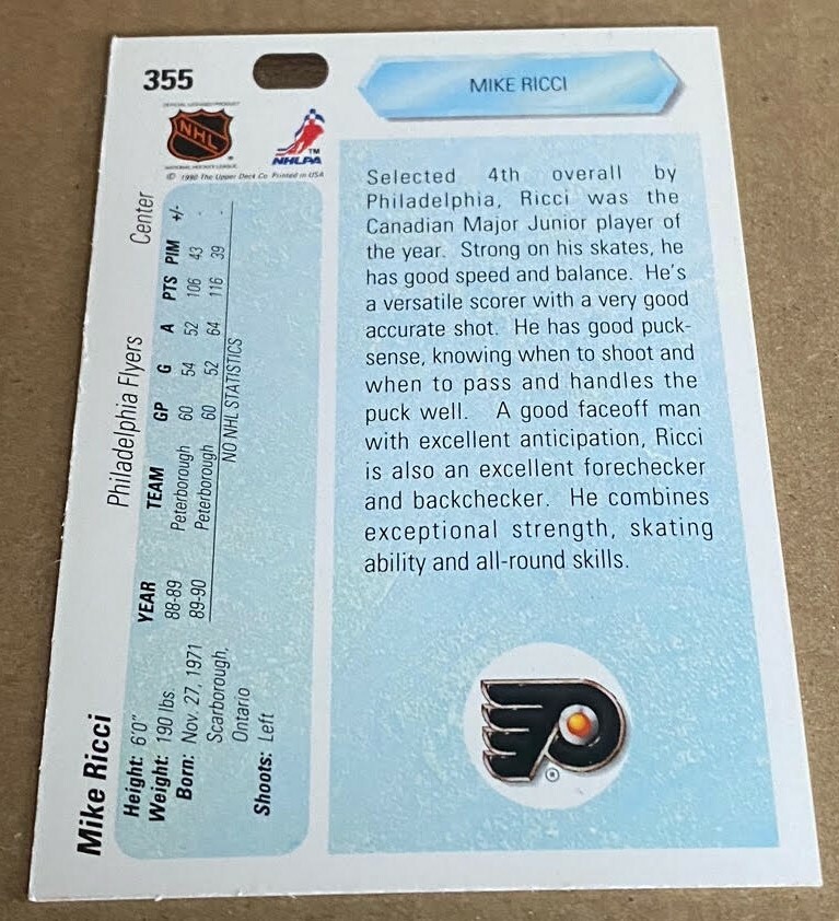 MIKE RICCI 1990-91 UPPER DECK Rookie Card #355 NM-MT Condition | eBay