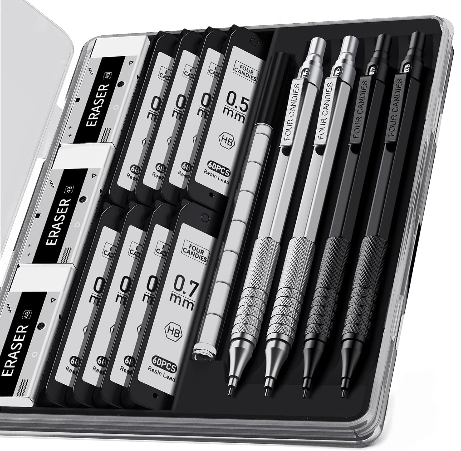 4PCS Metal Mechanical Pencils Set with Case, 0.5Mm & 0.7 Mm Artist ...