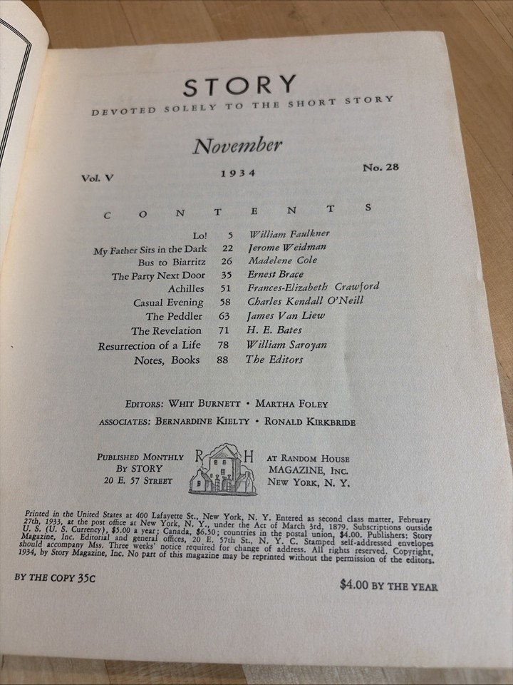 Story Magazine Short Stories November 1934 William Faulkner Lo ...