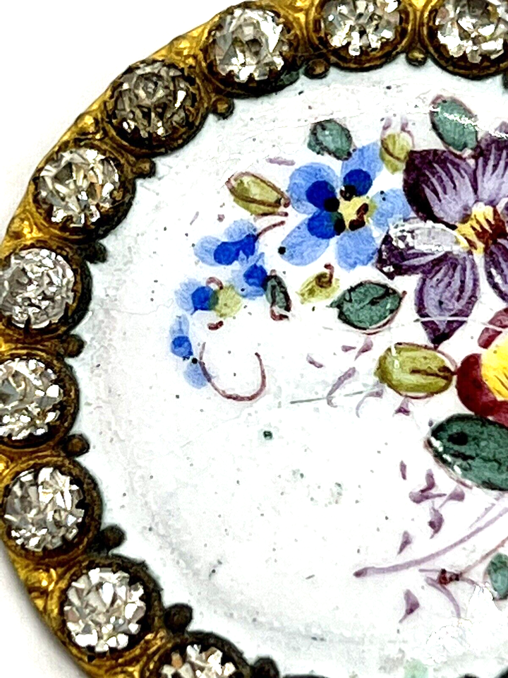 Fine Vintage Large Hand-painted Enamel Floral Button, Paste Rhinestone ...