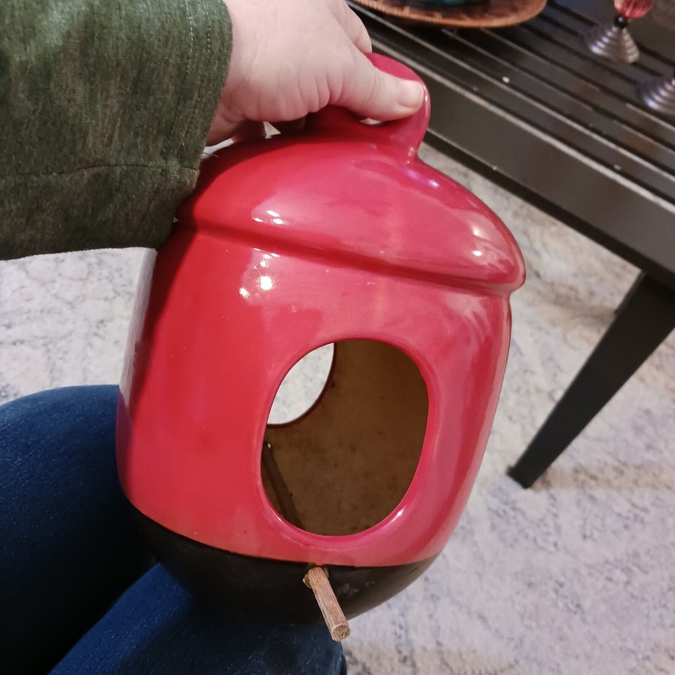 Red Ceramic Acorn Themed Bird House Approximately 11"x7" Hanging or ...