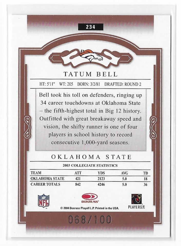 Tatum Bell 2004 Donruss Classics Timeless Tributes Red Rookie #234 /100 ...
