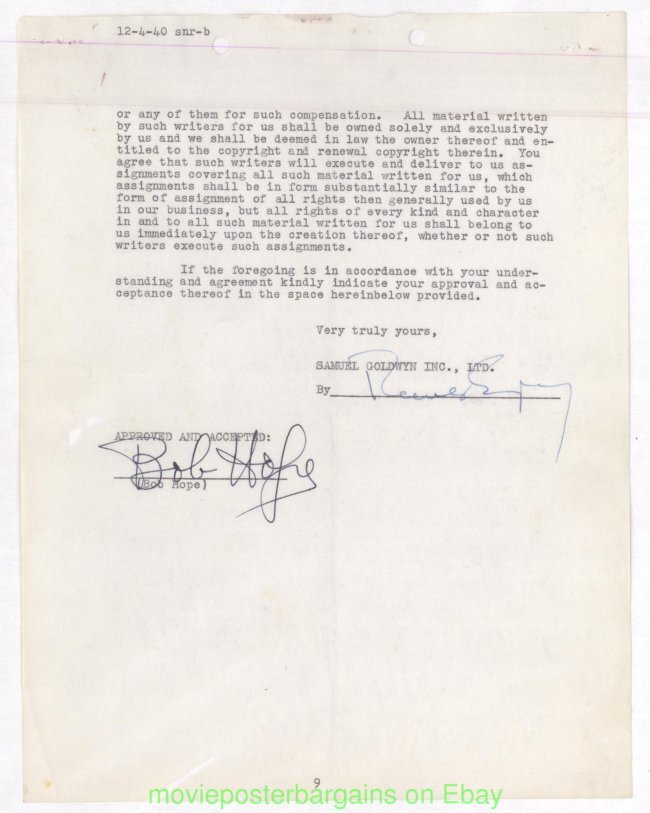 BOB HOPE AUTOGRAPH 1940 SIGNED SAMUEL GOLDWYN HISTORICCONTRACT FOR HIM ...