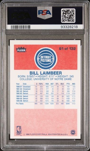 Bill Laimbeer 1986 Fleer Basketball Card #61 Auto Graded PSA 10 ...