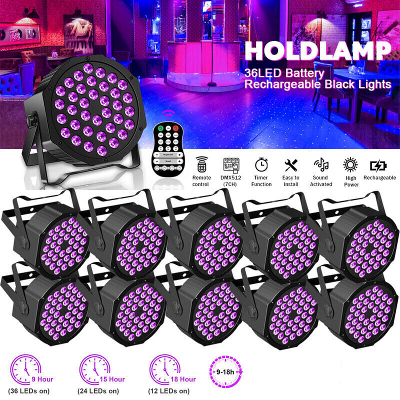 10Pcs Rechargeable UV Black Lights 36 LED Par Stage Light DMX DJ Disco ...