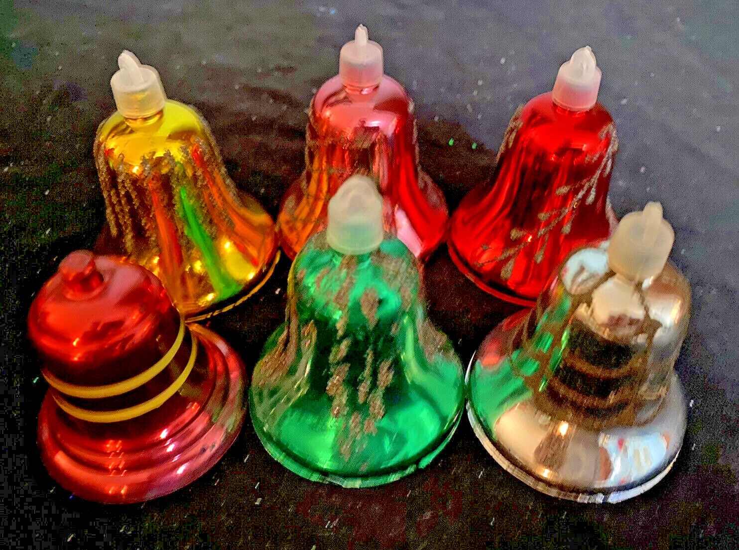 Vintage Plastic Bells With Black Mica Designs And A Stripped Red Bell ...