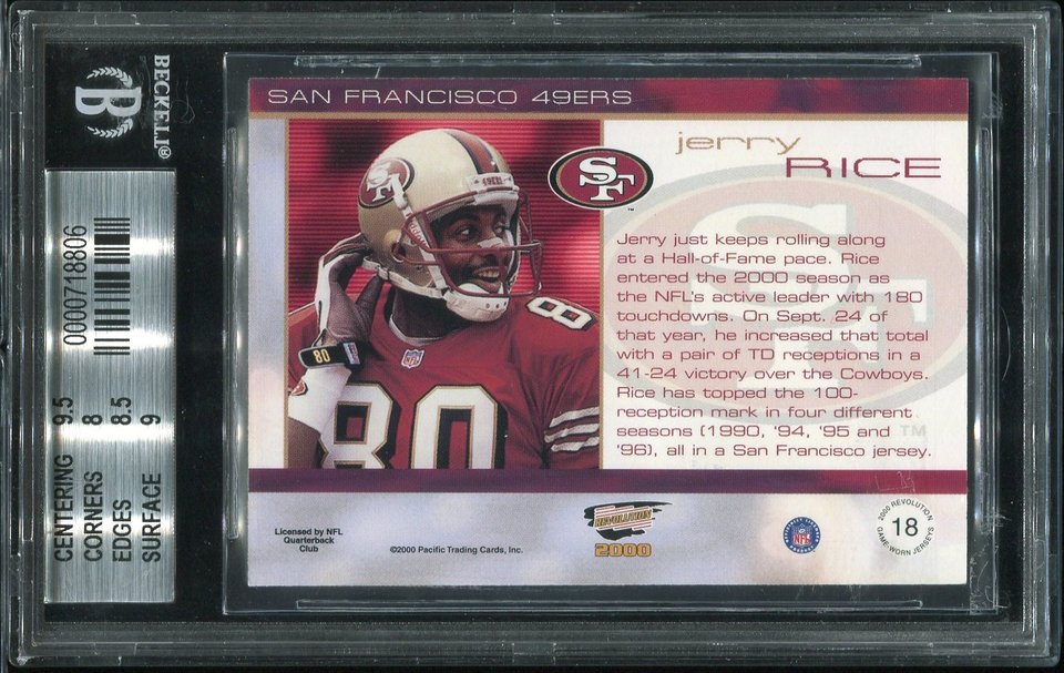 JERRY RICE 2000 PACIFIC REVOLUTION GAME WORN JERSEYS #d 065/828 BGS 8.5 ...