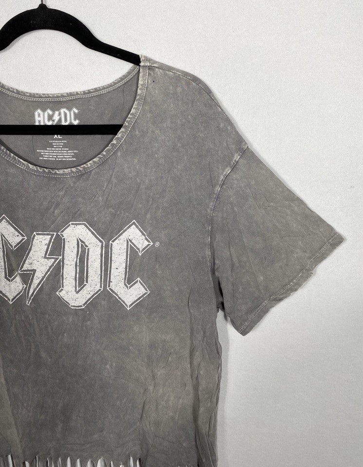 AC/DC Gray Stone Wash Long Fringe Band Rocker Top Size XL Boho Festival ...