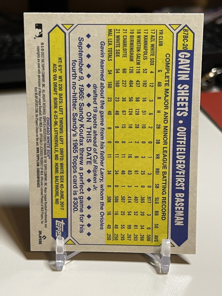 GAVIN SHEETS RC 2022 Topps Chrome 87 Topps Insert #87BC-20 Chicago ...