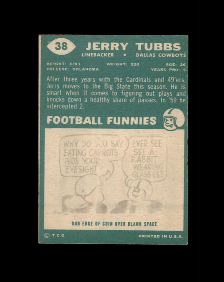 1960 Topps Football #038 Jerry Tubbs STARX 3 VG (CS114259) | eBay