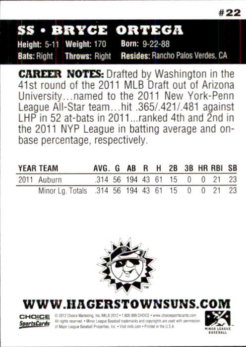 2012 Hagerstown Suns Choice #22 Bryce Ortega Rancho Palos Verdes ...