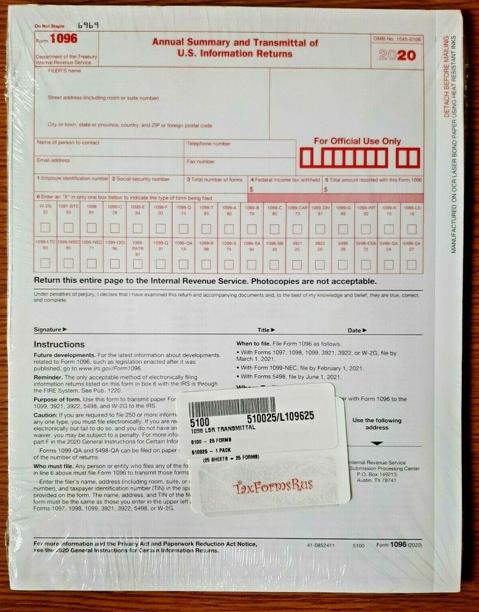 1096 Laser Transmittal Tax Forms 25 Pack For 1099 Summary IRS Approved ...