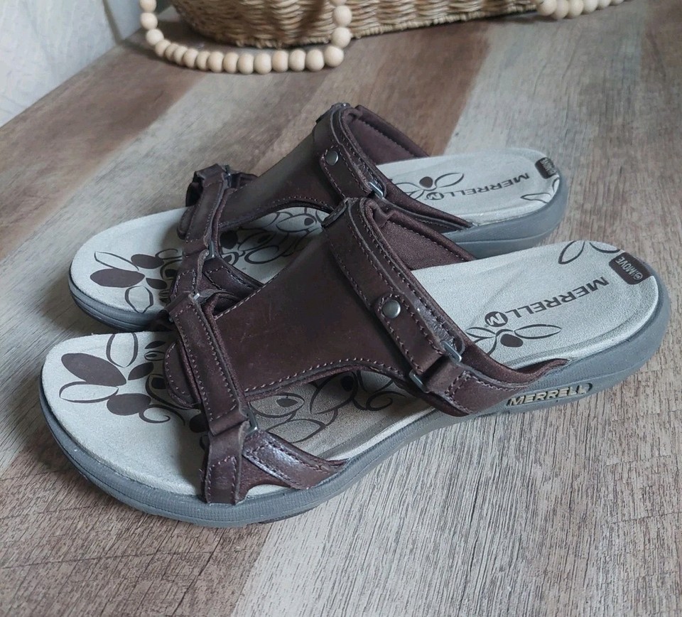 Merrell Women’s Sandals Slide On Strappy Bracken Leather Slides Brown ...