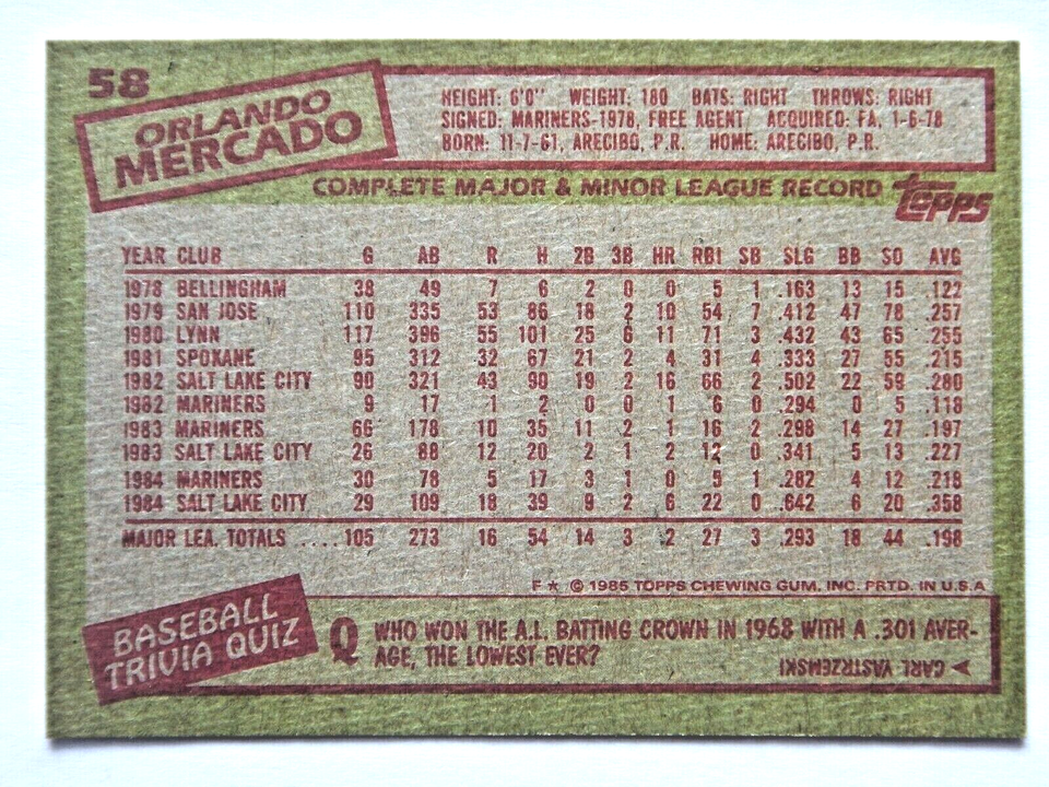Orlando Mercado #58 Topps 1985 Baseball Card (Seattle Mariners)* | eBay