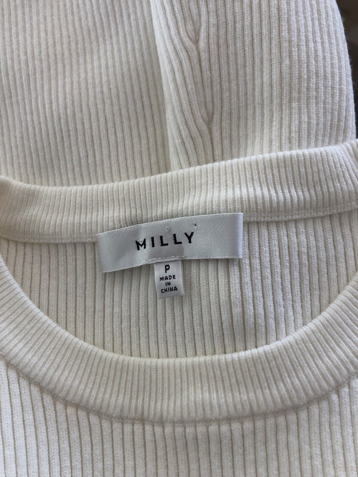 MILLY Sweater Womens Ivory Rib Knit Top Pointelle Puff Sleeve Viscose ...