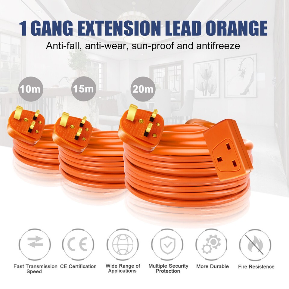 Heavy Duty Long 10M 15M 20M Extension Lead Mains Cable Plug Socket 1 ...