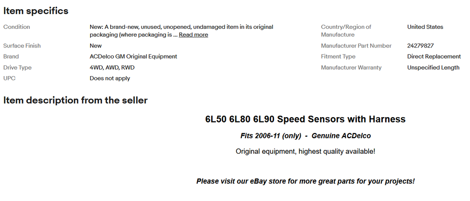 2006-11 6L50 6L80 6L90 Transmission Input-Output Speed Sensors with ...