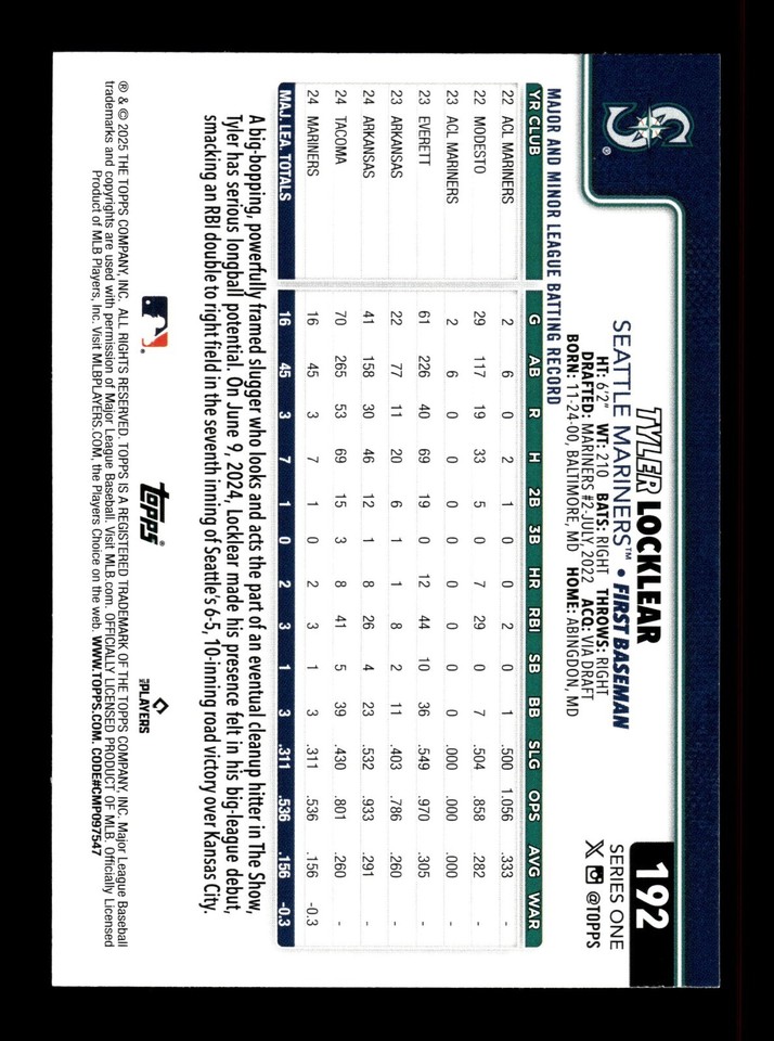 TYLER LOCKLEAR ⚾ 2025 Topps Series 1 RC Rookie #192 Seattle Mariners | eBay