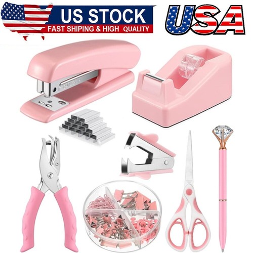 Pink Desk Office Supplies Kit for Women, Pink Desktop Stapler, Tape ...