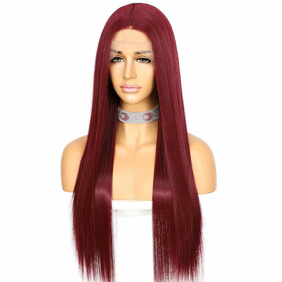 Burgundy Red T Part Lace Front Wigs Synthetic Long Straight Wigs Heat ...