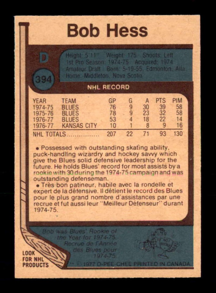 1977 O-Pee-Chee NHL #394 Bob Hess NM/NM+ X3047494 | eBay