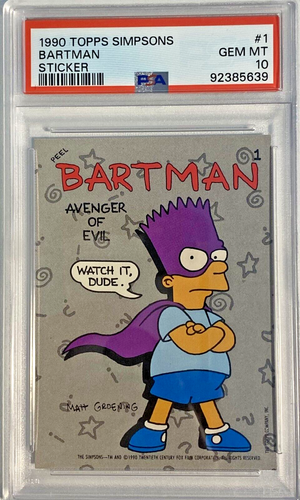 1990 Topps Simpsons Stickers "Bartman" Bart Simpson ROOKIE #1 PSA 10 ...