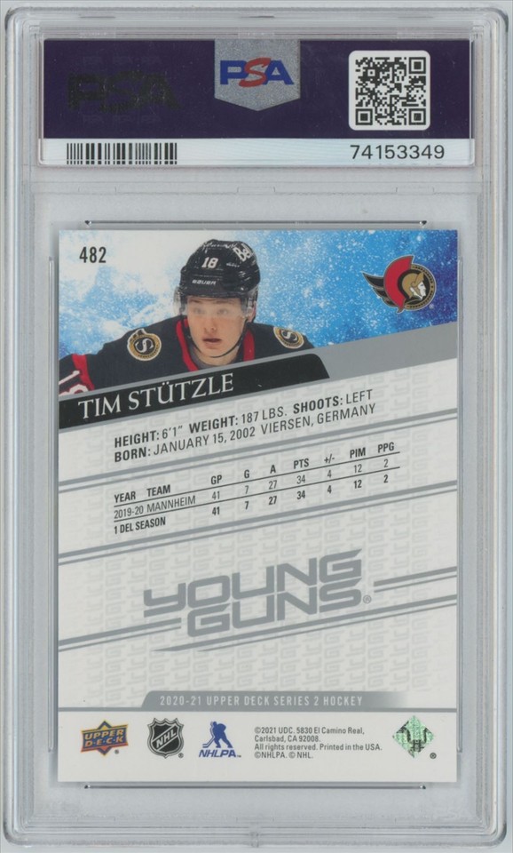 2020-21 Upper Deck Young Guns PSA 10 Tim Stutzle Rookie #482 Ottawa ...