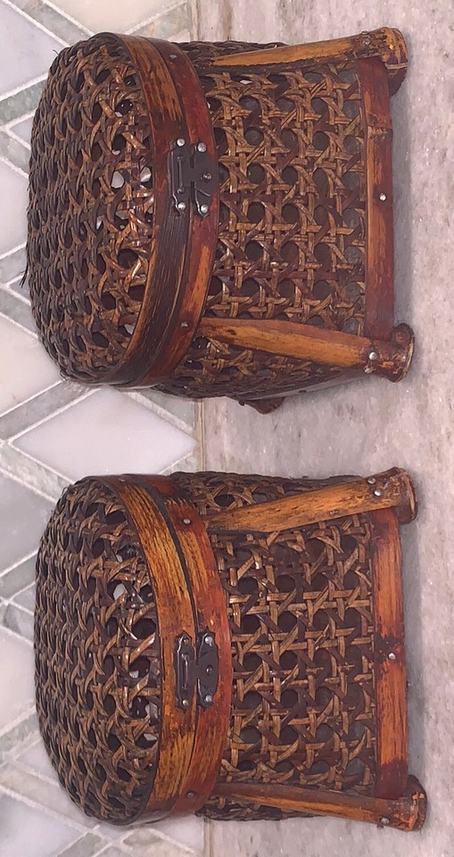 Classic Pair Woven Rattan Bamboo Basket Boxes Wicker 4.5”T 5” Diam ...