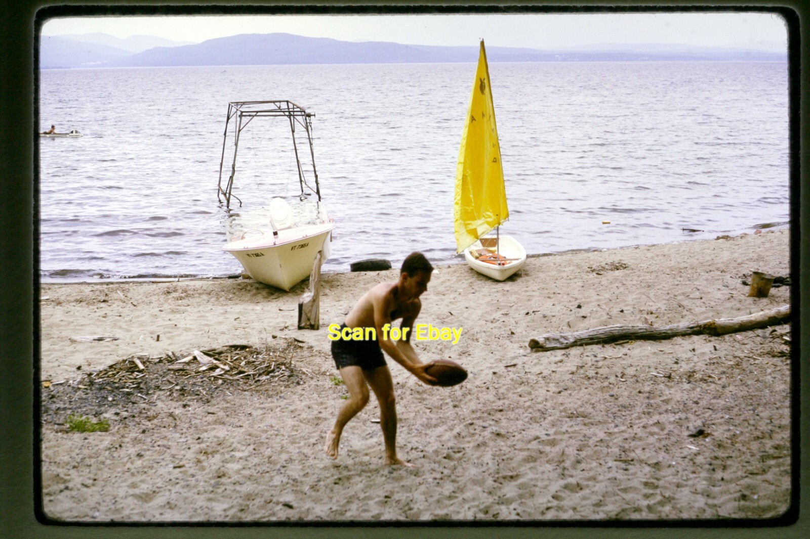 Man at Beach w/ Football Boat, Sailboat in 1964, Kodachrome Slide aa 12 ...