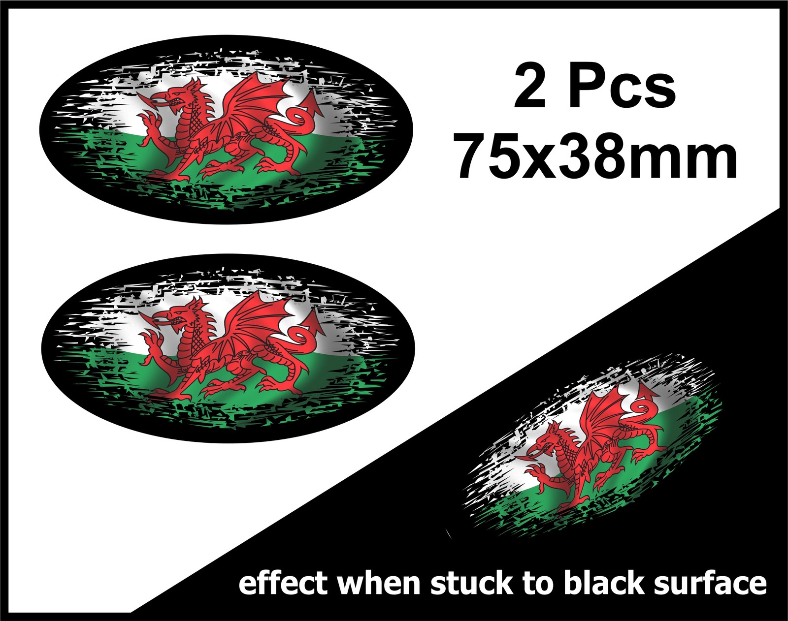 2Pcs Oval FADE TO BLACK & Welsh Dragon Wales CYMRU Flag vinyl car ...