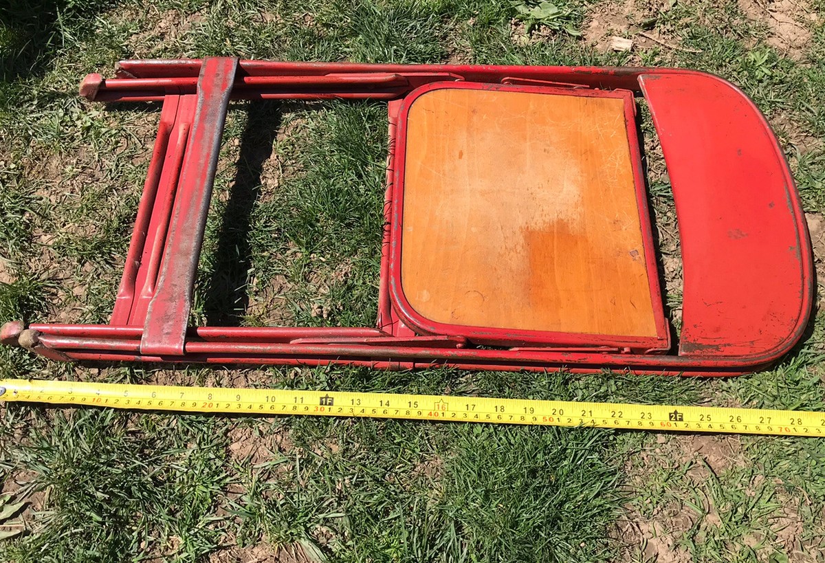 Vintage Folding Chair Child School 1954 Red Metal Wood Plank Vintage Folding Chair Child School 1954 Red Metal Wood Plank