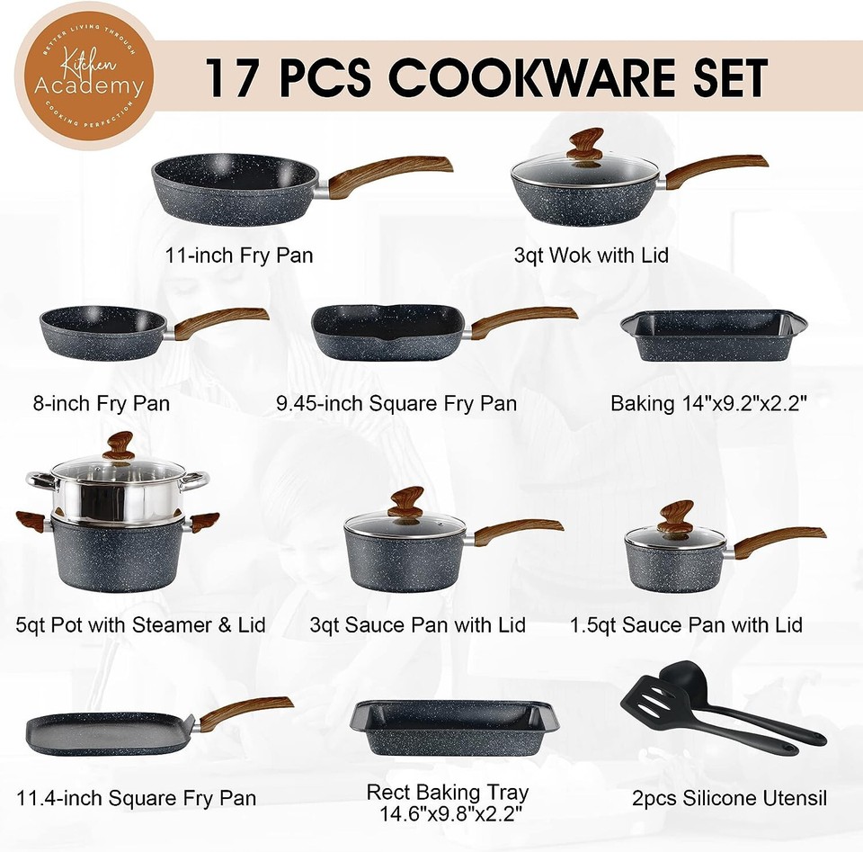 17 Piece Cookware Set Nonstick Granite Coated Pots and Pans Set ...