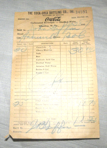 VINTAGE INVOICE COCA COLA BOTTLING CO WHEELING W. VA 1927 | eBay