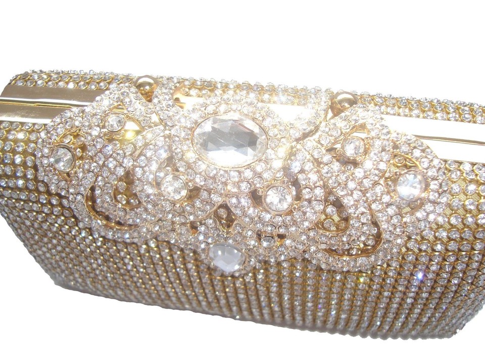 Gold Bling Diamond Crystal Diamante Evening bag Clutch Purse Bride ...