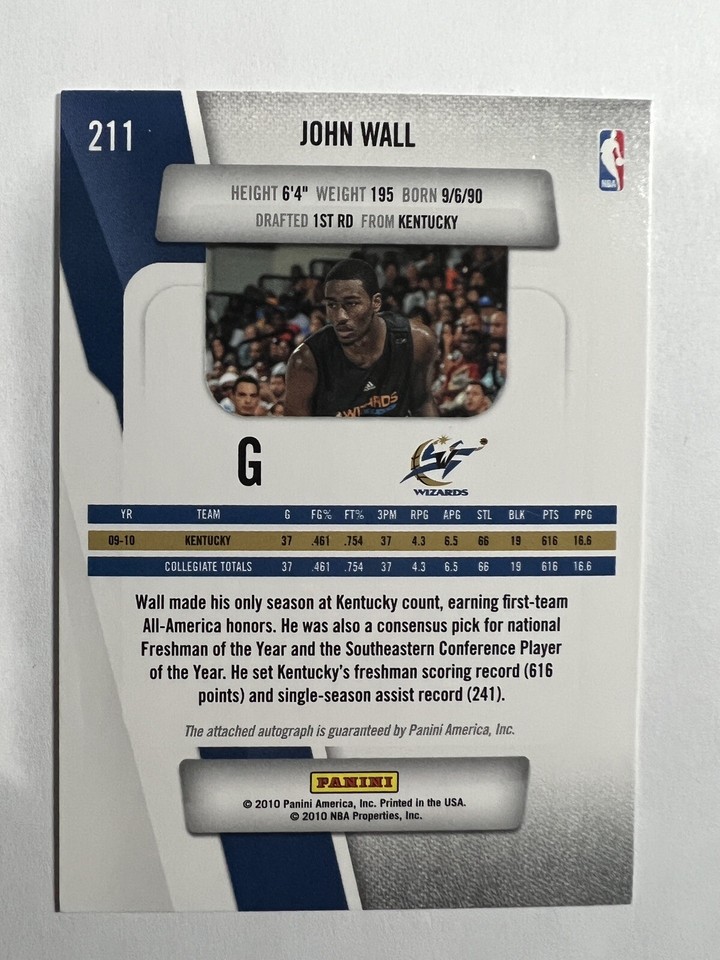 2010-11 Prestige John Wall Rookie RC #211 Washington Wizards LA ...