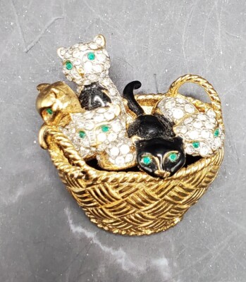 Vintage Carolee Rhinestone & Black Enamel Kittens in the Basket Gold ...