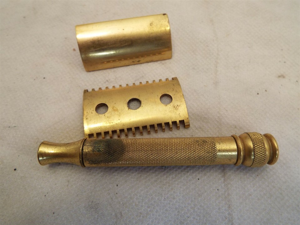 Vintage WWI Era Gillette Gold Tone Khaki Razor 3 Piece in Box Safety ...