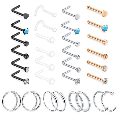 32Pcs 20G Stainless Steel Nose Hoop Ring L Shaped Ear Stud Earring ...