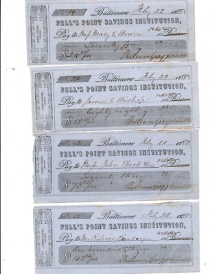 4 Antique Bank Checks Fell's Point Savings Institution Baltimore Pre ...