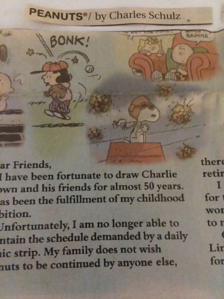 Charles Schulz Last Peanuts Comic Strip Feb. 13, 2000, Snoopy Charlie ...