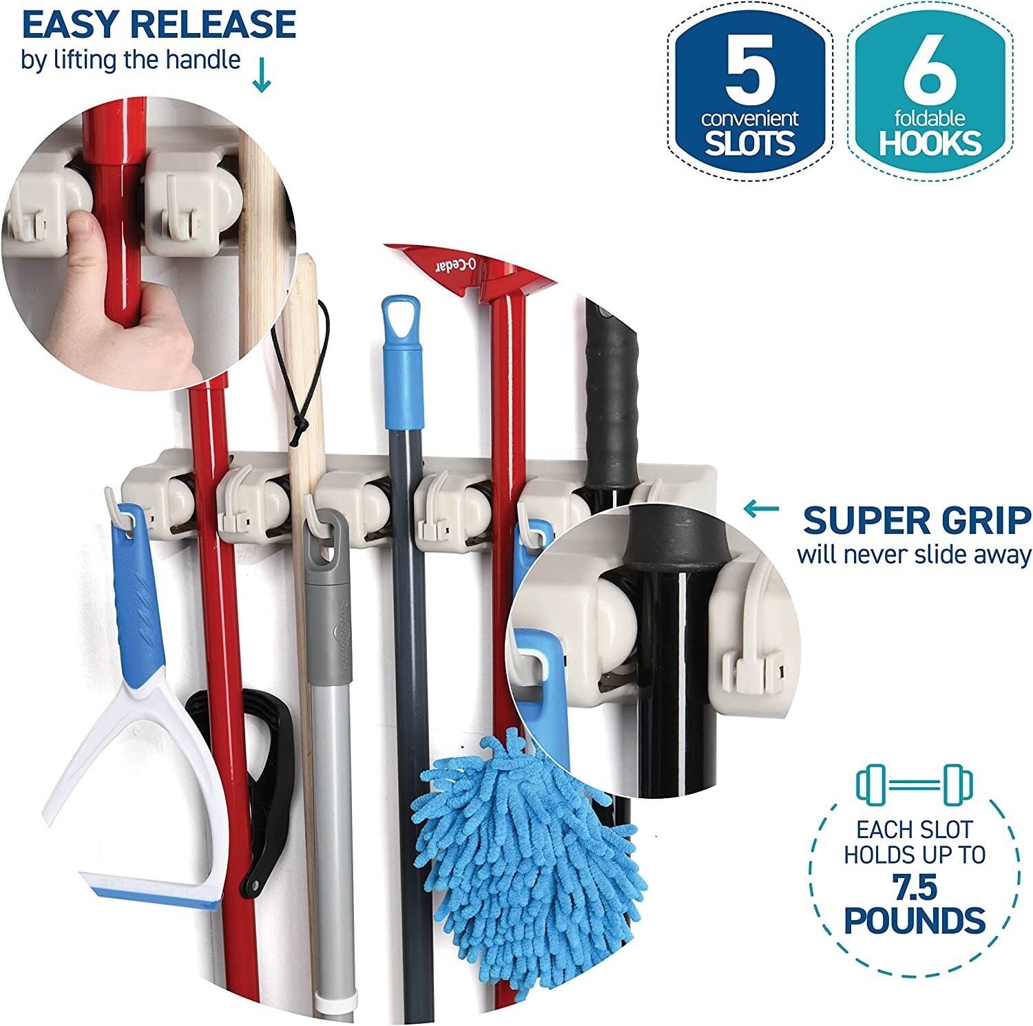 Wall Mount Mop and Broom Holder, 5 position with 6 hooks garage storage ...