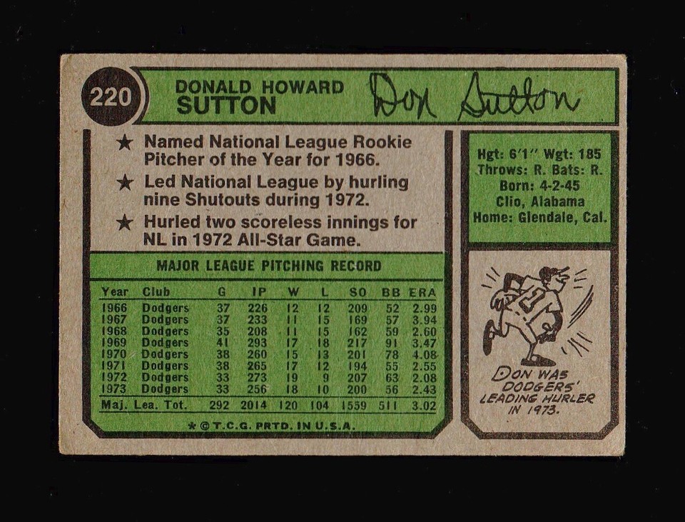 1974 TOPPS BASEBALL CARD DON SUTTON LOS ANGELES DODGERS #220 | eBay