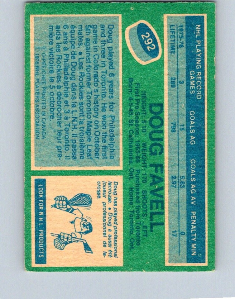 VINTAGE HOCKEY CARD O-PEE-CHEE 1976 COLORADO ROCKIES GOALIE DOUG FAVELL ...