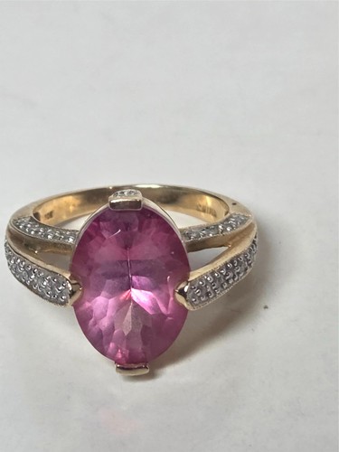 10K GOLD RING-BIG PINK STONE-DIAMONDS-CHINA-32 DIAMONDS-SIZE 7.25-3.7 ...