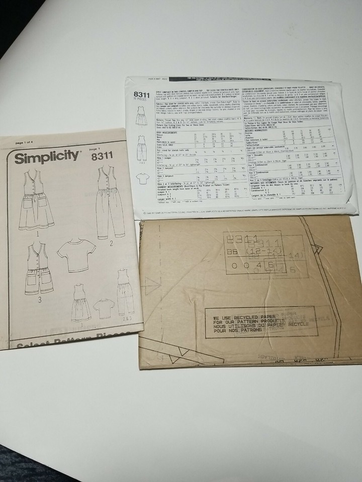 NEW Simplicity 8311 Sewing Pattern Girls Jumpsuit Jumper Top SZ BB 12 ...