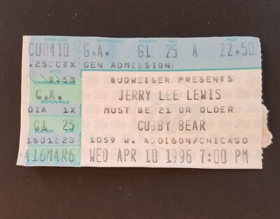 Original Vintage Ticket Stub Jerry Lee Lewis 4/10/1996 Cubby Bear ...