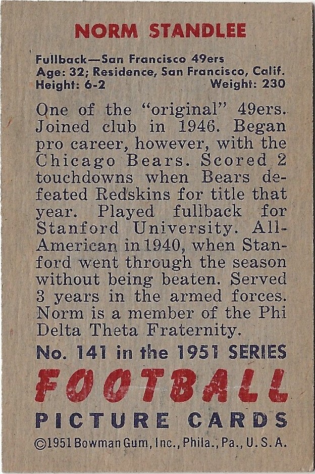 1951 Bowman #141 Norm Standlee San Francisco 49ers EX-MT | eBay